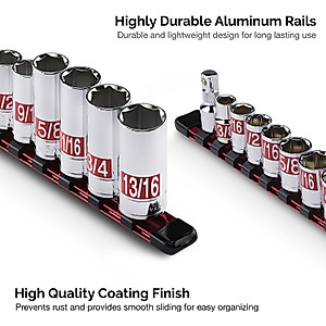 NEIKO 02454A Aluminum Socket Holder and Socket Organizer Tray for Toolboxes with Lightweight and Heavy-Duty Rails, 1/4-Inch, 3/8-Inch, and 1/2-Inch Drives, 3-Piece Socket Storage Set