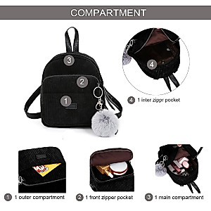 Cute Mini Backpack 3 Way Carry Light-weight Corduroy Casual Daypack Detachable Keyring Fur Pom Pom Ball for Women (black)