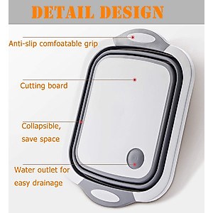 Girl and Cat Collapsible Cutting Board, Foldable Wash Basin with Colander Portable Washing Sink Silicone Dish Tub for Camping, Outdoor, BBQ, Kitchen, Picnic, Hiking, Gray