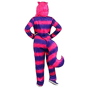 Adult Cheshire Cat One-Piece Womens, Mysterious Grinning Cat Halloween Costume, Purple and Pink Animal Bodysuit Medium