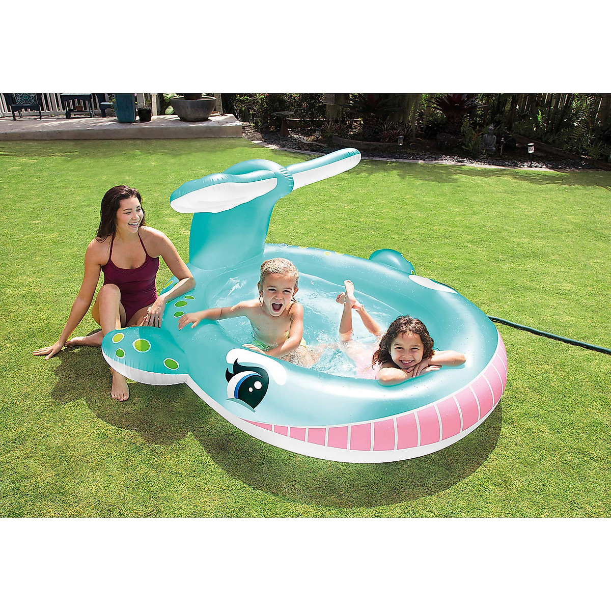 Intex Inflatable Whale Kiddie Pool: Built-in Water Sprayer – Convienient Drain Plug – Durable Vinyl – 79" x 77" x 36" – Ages 3+