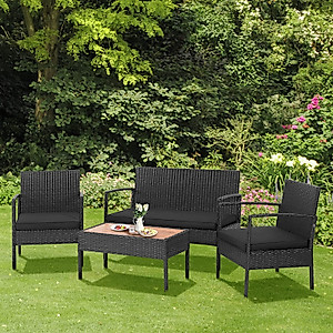 Tangkula 4 Piece Patio Rattan Conversation Set, Outdoor Wicker Sofa Furniture Set W/Loveseat & 2 Single Chairs, Acacia Wood Tabletop, Outside Sectional Set for Poolside, Deck, Garden (1, Black)