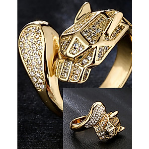 AIKAITUO 14K Gold Transparent Crystal Rhinestone Cheetah Leopard Head Ring Adjustable Statement-ring for Women