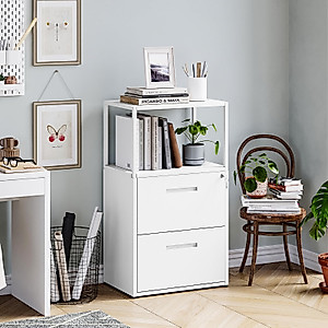 MIIIKO 2 Drawer File Cabinet with Lock and Open Shelf, White Metal Lateral Filing Cabinets Home Office, Tier Shelf Drawers Storage for Letter, Legal, A4 Folders, Books, Stationery Printers