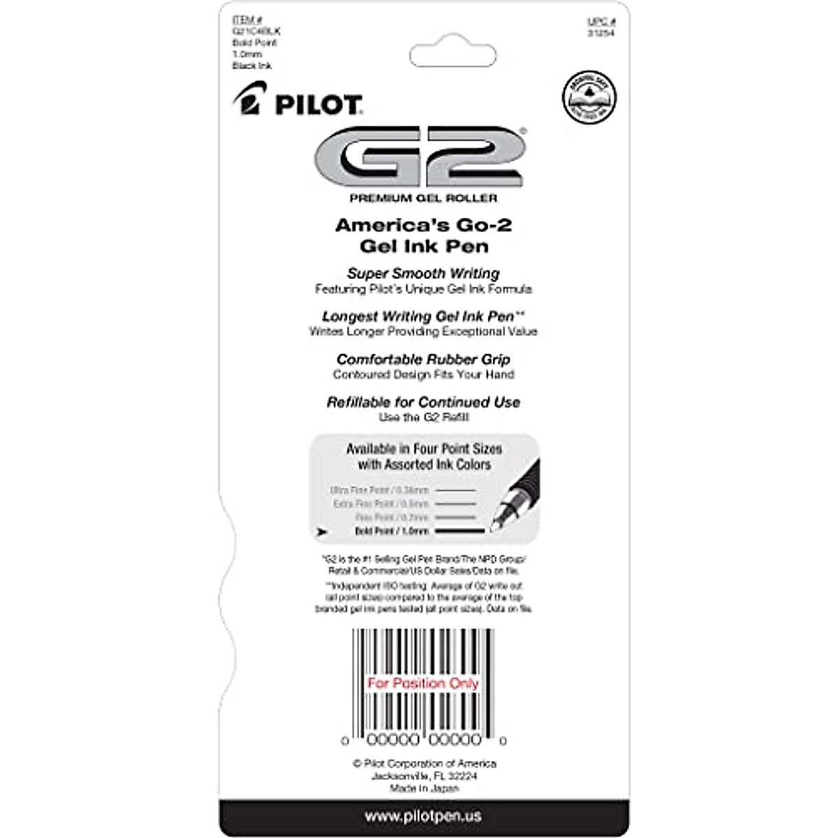 PILOT G2 Premium Refillable & Retractable Rolling Ball Gel Pens, Bold Point, Black Ink, 4-Pack (31254)