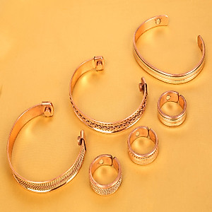 Touchstone Handcrafted Copper Magnetic Hand Forged with Solid and High Gauge Spiral Wire Braided Minimalistic 3 Bracelets and Matching Finger Combo in Two Tones for All