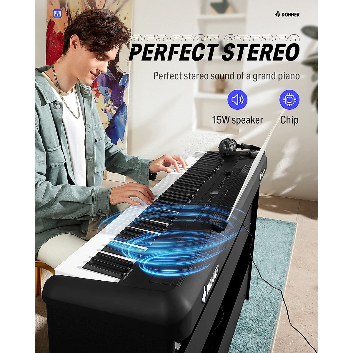Donner SE-1 88 Key Digital Piano with Graded Hammer Action Weighted Keys, Record, Bluetooth, 4 Reverb, LCD Screen, MIDI IN/OUT, 88 Key Weighted Keyboard Piano Bundle with Stand, Headphone, Three Pedal
