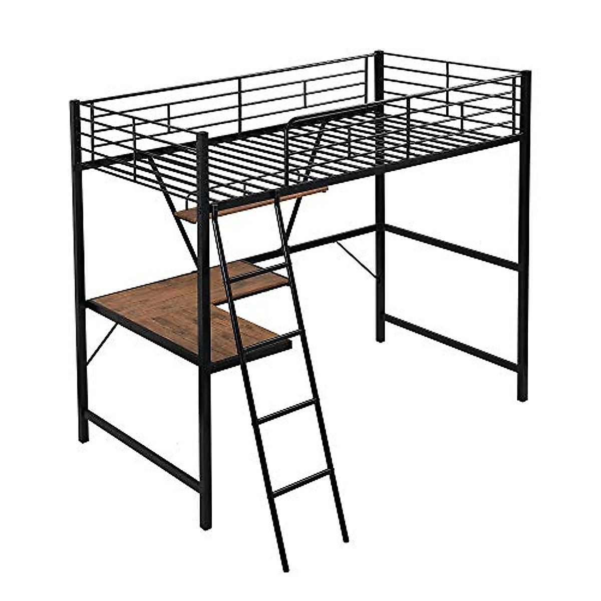 MOEO Twin Size Loft Bed with L-Shaped Desk and Shelf, Metal Steel Bedfram w/Guardrail for Kids, Home, No Spring Box Required, Black