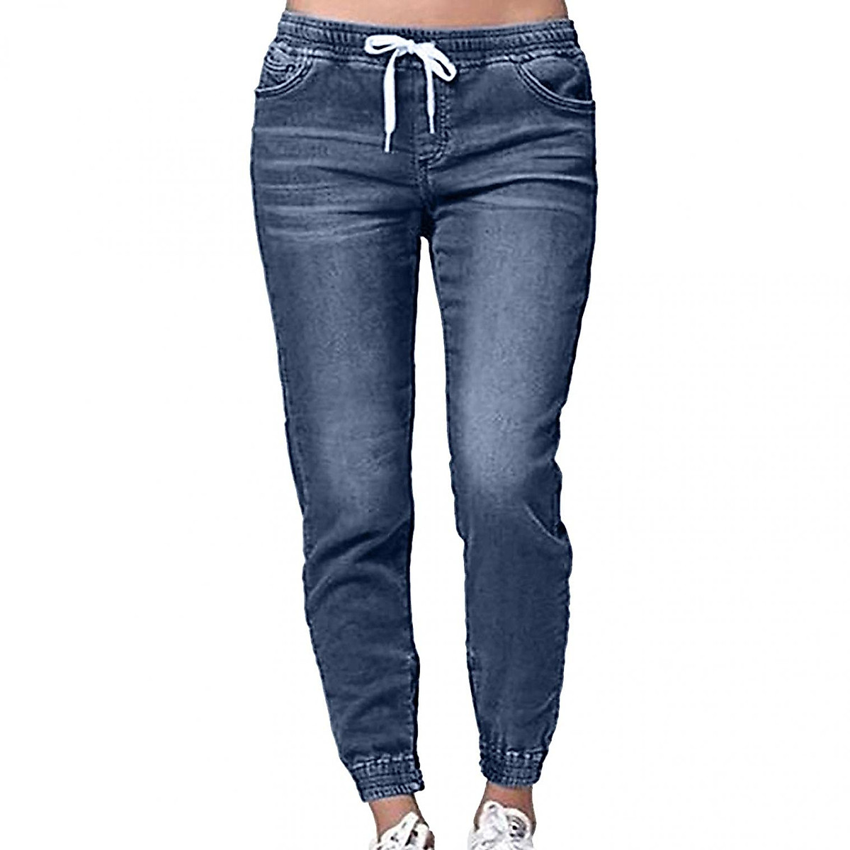 WUAI-Women WUAI Plus Size Jeans for Women Casual Elastic Waist Drawstring Jogger Sweatpant Straight Leg Skinny Denim Pants Jegging(Dark Blue,Large)