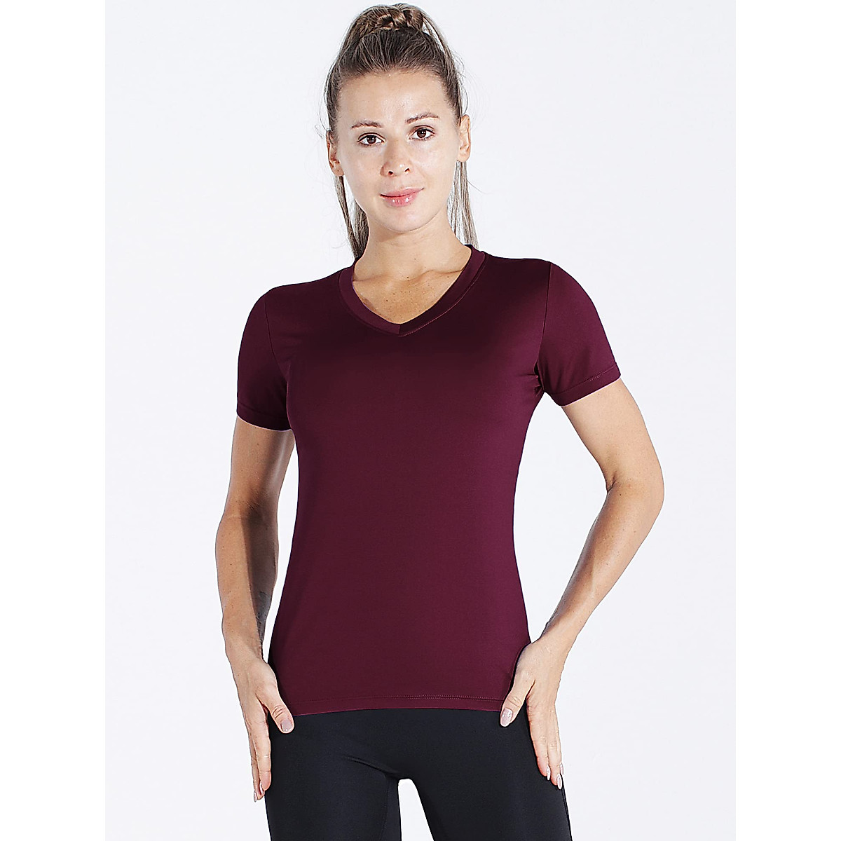 CADMUS Workout t-Shirts for Women Quick Dry Gym Shirts V-Neck, Black, Grey, Wine Red, Large