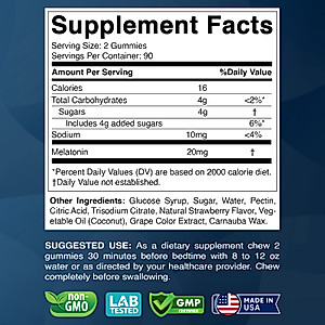 Vitabod Melatonin 20mg Gummies - 180 Count - Drug Free - Natural Strawberry Flavor - Vegetarian, Non-GMO, Gluten Free (1 Bottles)