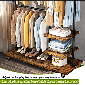 Raybee Industrial Pipe Clothes Rack Heavy Duty Clothing Racks for Hanging Clothes, 400LBS Clothes Rack with Shelves Wheels, Portable Adjustable Rolling Garment Rack for Hanging Clothes, Rustic Brown