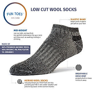 FUN TOES Low Cut Ankle Merino Wool Mens Hiking Running Socks Compression Arch Support Cushioned 6 Pairs (Black)