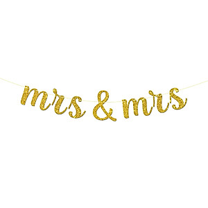 Maicaiffe Mrs ＆ Mrs Banner, Female's Bridal Lesbian Party Bunting Decor, LGBT Wedding Party Decoration Supplies, Gold Glitter