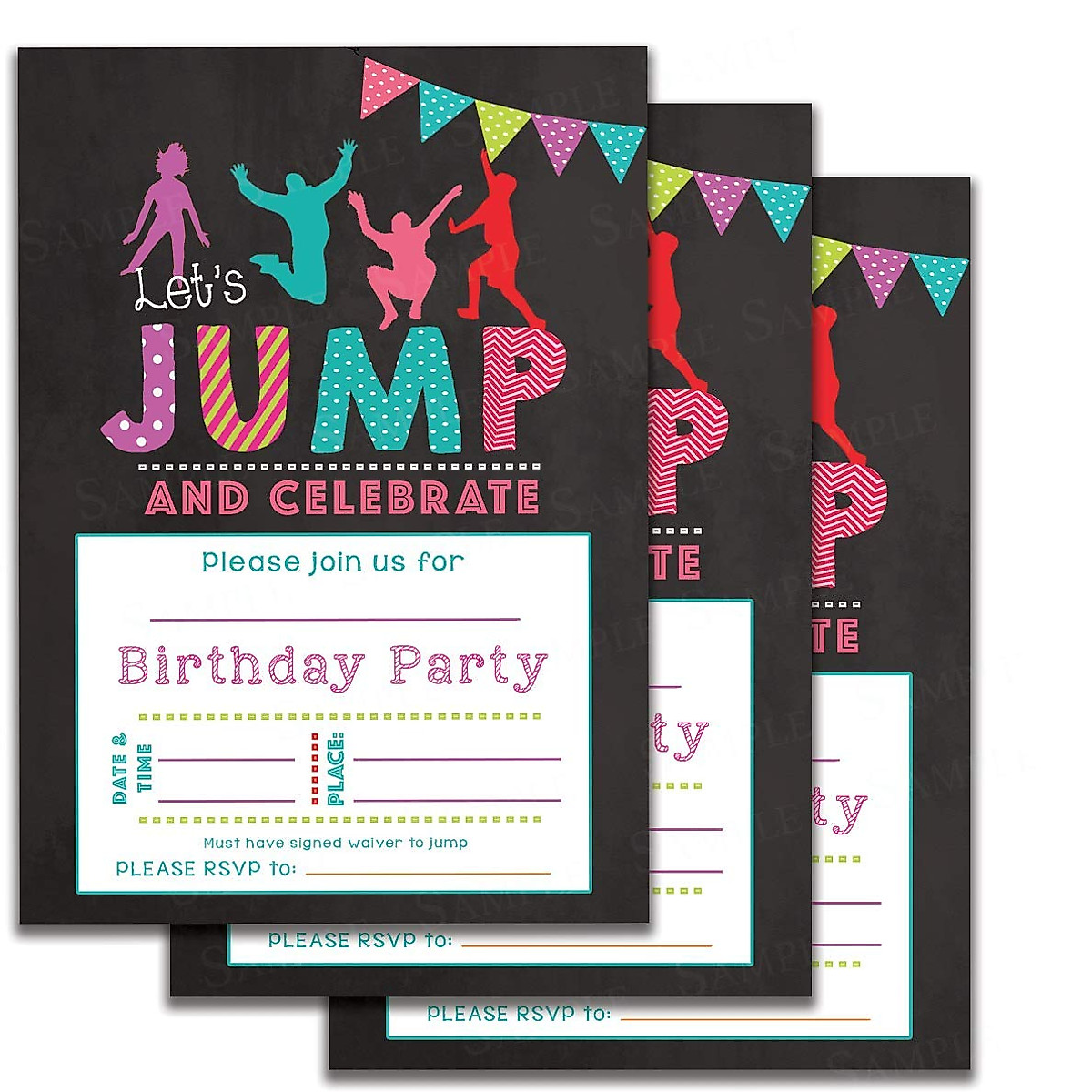 Set of 25 Jumping Kids Birthday Party invitations for Trampoline park Gravitopia, jump zone big air party with envelopes.
