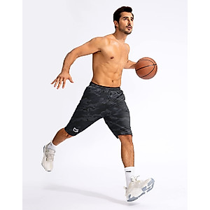 Men's Basketball Shorts with Zipper Pockets Lightweight Quick Dry 11" Long Shorts for Men Athletic Gym(Gray Camo,L)