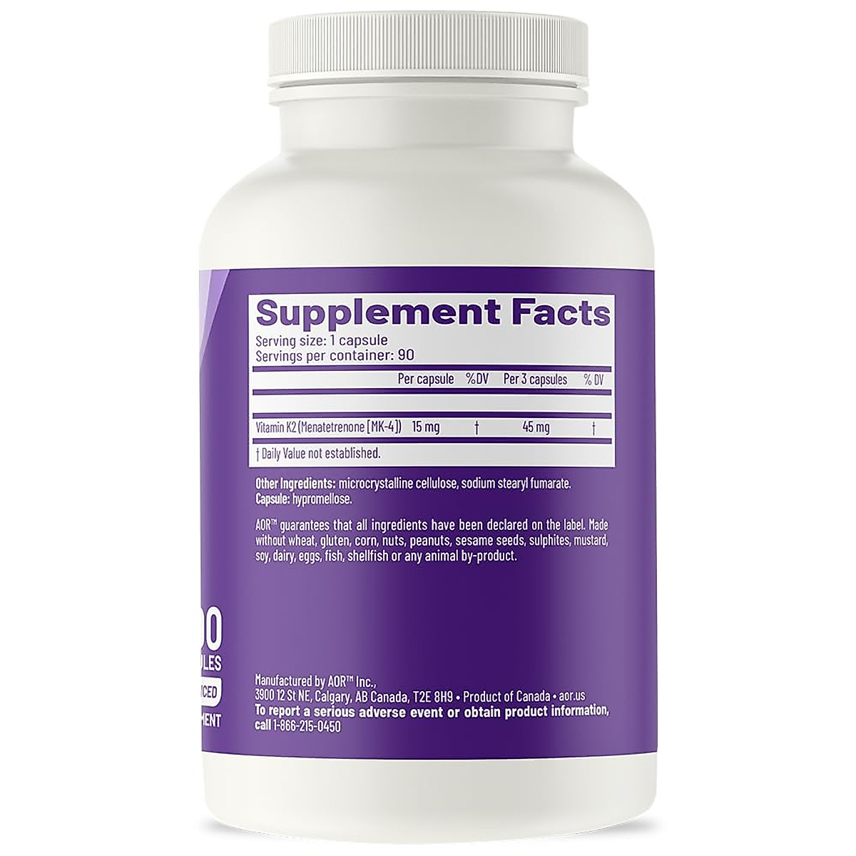 AOR, Peak K2, Supports Bone and Cardiovascular Health and Normal Blood Clotting, Dietary Supplement, 90 servings (90 capsules)