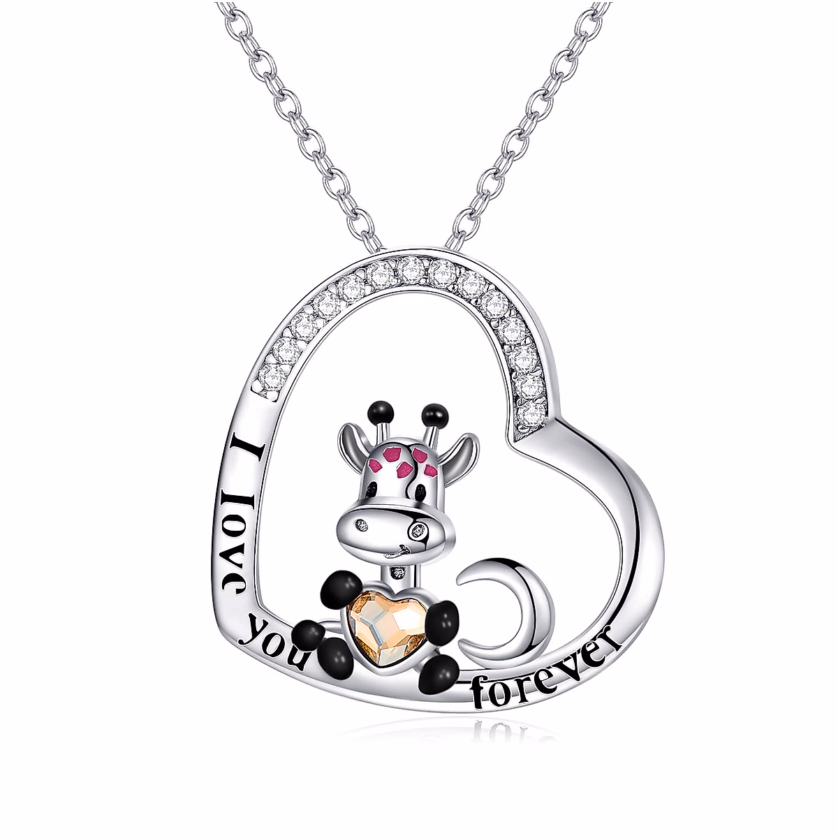 AOBOCO Cute Giraffe Necklace Sterling Silver Crescent Moon Heart Giraffe Pendant Embellished with Crystals from Austria - I Love You Forever, Birthday Anniversary Giraffe Jewelry Gifts for Women-1