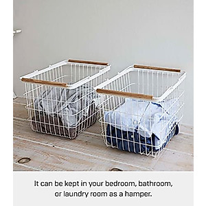 YAMAZAKI home 2809 Laundry Basket with Wooden Handles, Medium, White