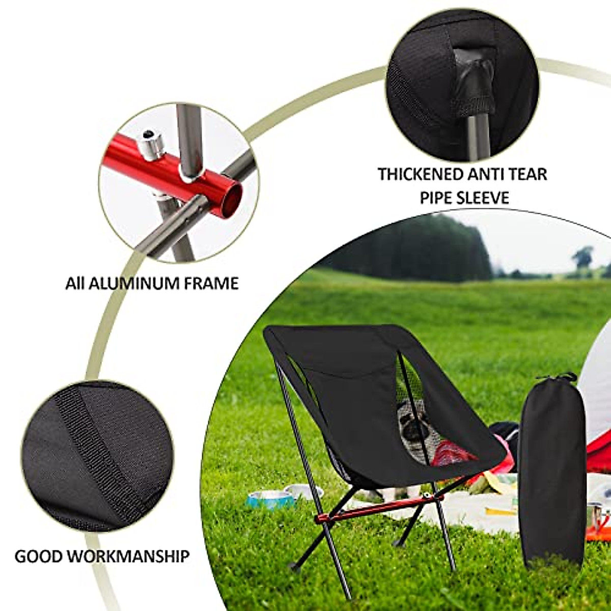 QSWRD Camping Chair for Adults Portable Camp Chairs for Beach, Hiking, Picnic, Travel, Outdoor Activities, Aircraft-Grade All Aluminum Lightweight Compact Camping Chairs Support 330LBS, Black