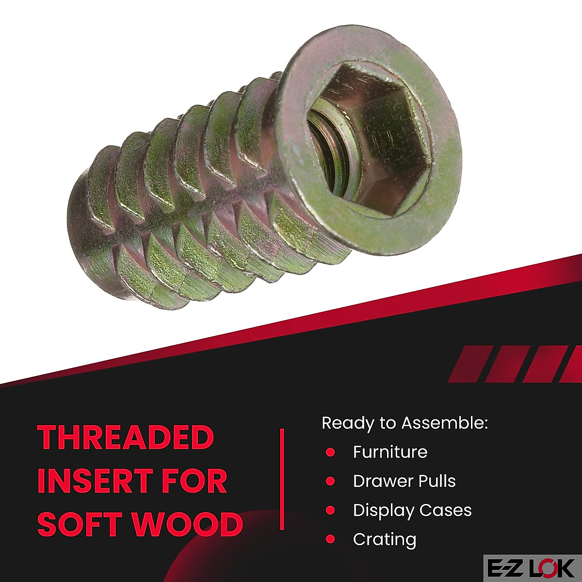 E-Z LOK Knife Threaded Insert for Soft Wood, Zinc Hex-Flanged Thread Inserts 3/8-16 Internal Threads, 25mm Length Pack of 25