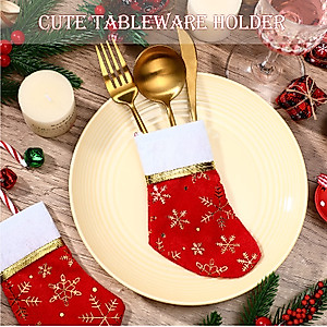 30 Pcs Christmas Dinner Table Decorations Snowflake Stocking Silverware Holder Mini Xmas Socks Plaid Tableware Holder Christmas Spoon Knife Fork Bag for Xmas Dinnerware Decorations (Embroidery Style)