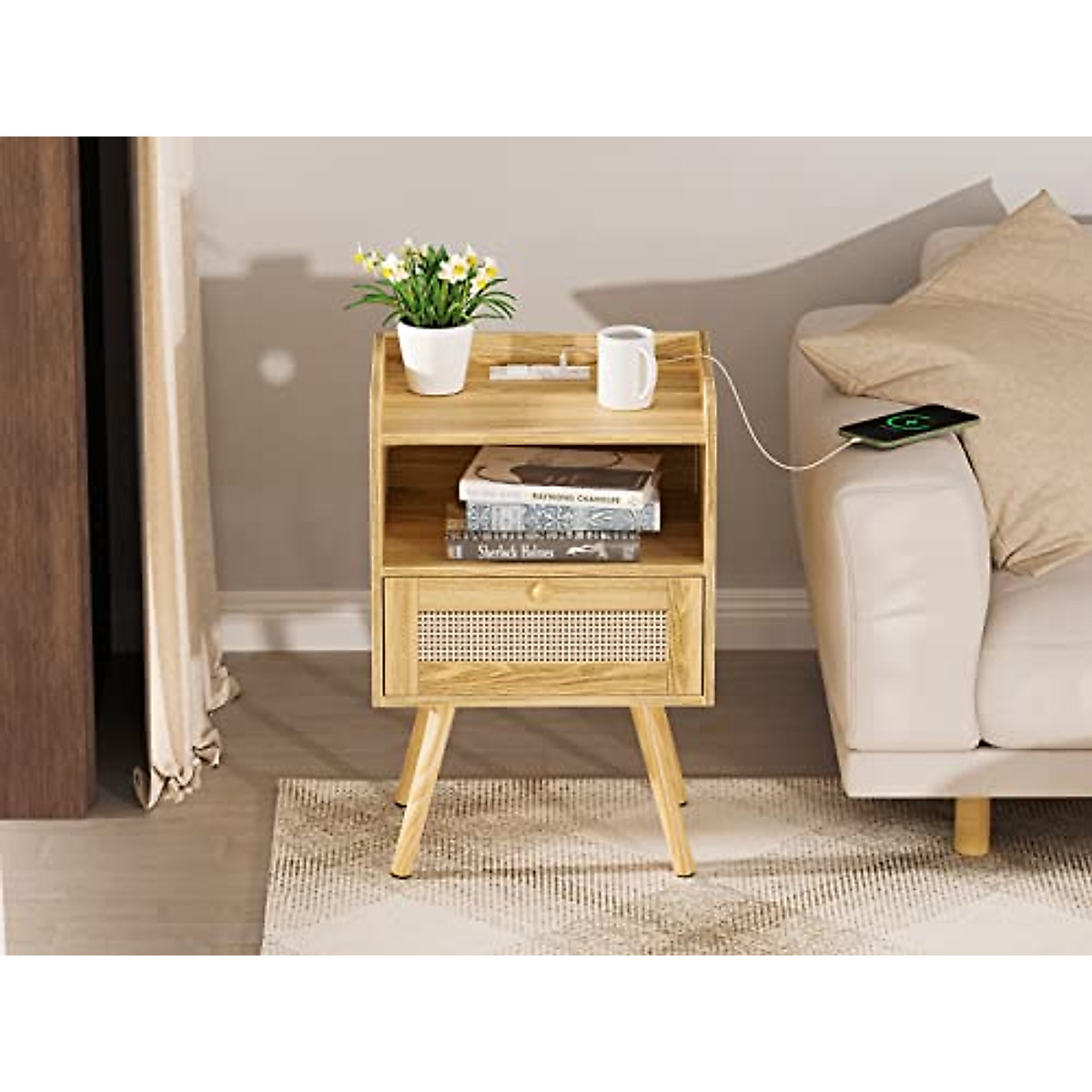 SUPERJARE Nightstands Set of 2, Night Stands with Charging Station & PE Rattan Decor Drawer, Bed Side Tables with Solid Wood Feet, End Table, for Bedroom, Living Room - Natural