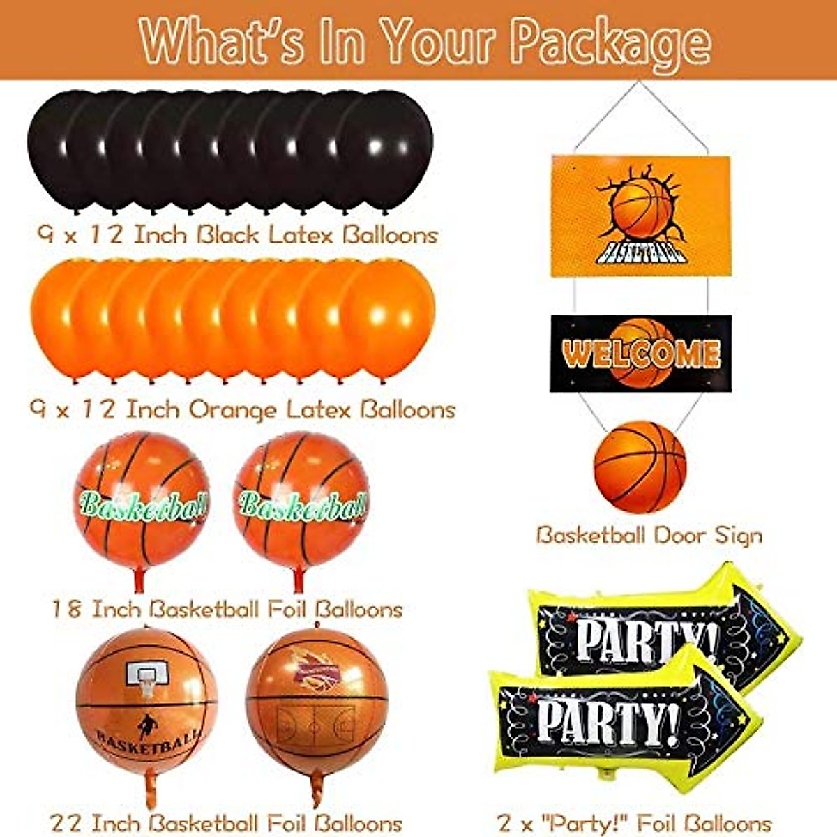 Basketball Party Decorations Birthday Party Supplies 95Pcs - HAPPY BIRTHDAY Banner "PARTY!" Foil Balloons Basketball Hoop Stickers Basketball Foil Balloons Black/Orange Latex Balloons Door Sign Stickers Cupcake Toppers Cake Topper Birthday Decorations for