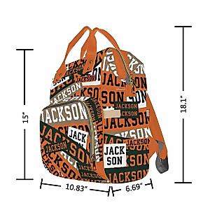 Customized Diaper Bag Backpack, Black and Orange Name Personalized Backpack with Text Mommy Nappy Baby Bag Shoulders Bag Casual Daypack Daycare Bag Travel Bag for Dad Mom