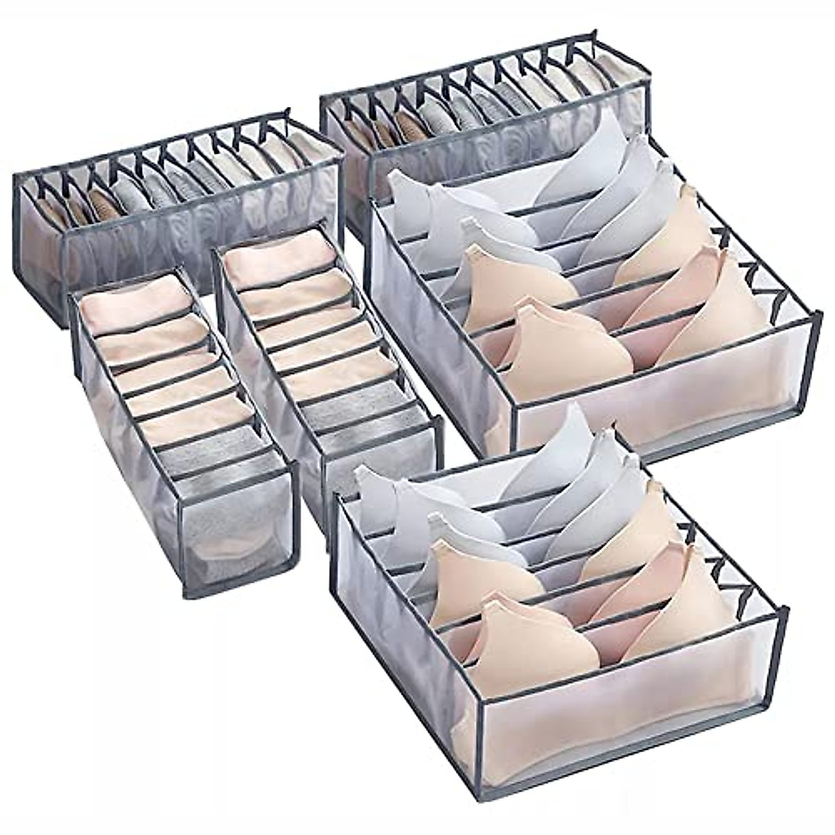 6PCS Drawer Organizer underwear Closet Divider Women (2 X 6,7 and 11 grids) for Clothes Storage Organization, Dresser, Drawer and Closet Organizers for: Underwear, Bra, Sock, & More, Gray (PSL-S13)