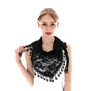 LMVERNA Lace Tassel Sheer Floral Triangle Mantilla Scarf Printed Silk Soft Shawl Scarf (Black)