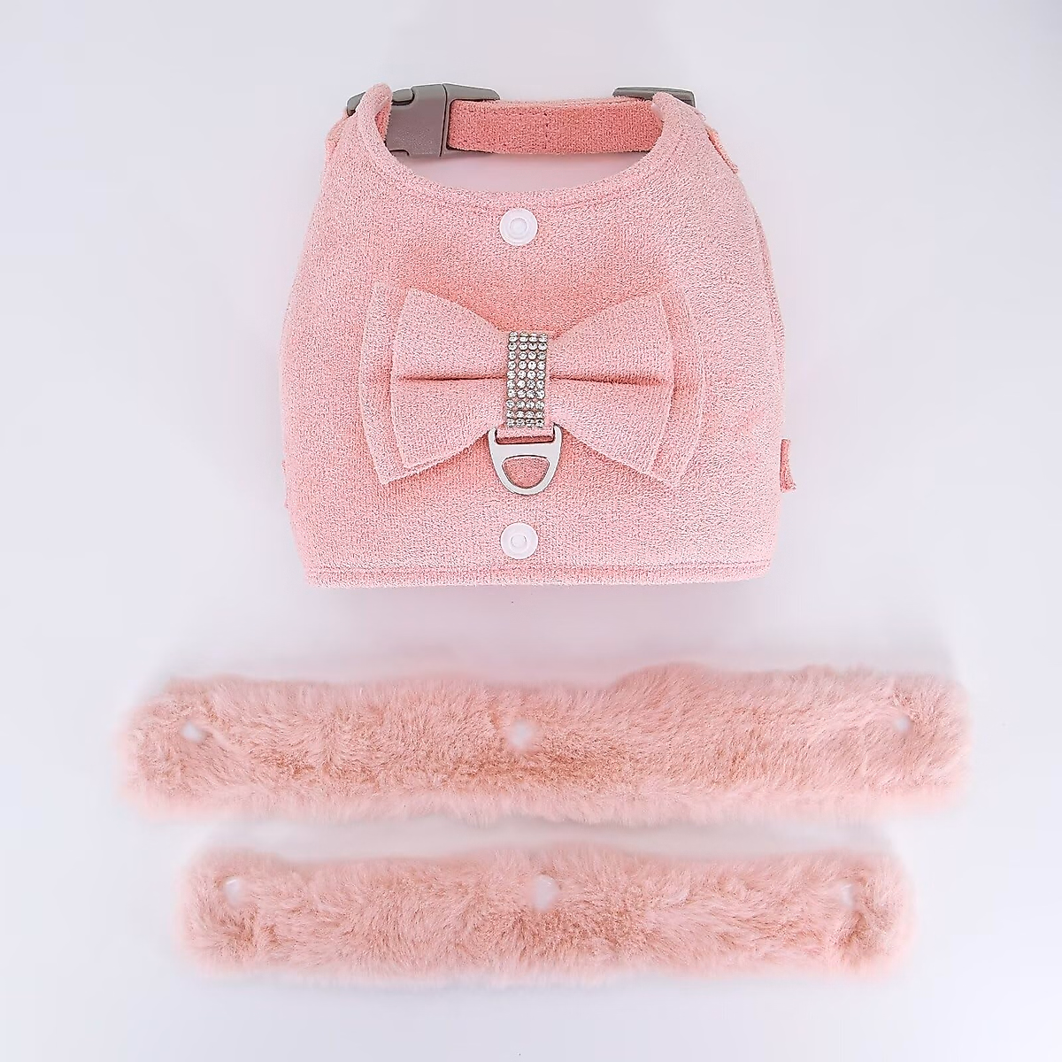 Didog Cute Small Dog Harness and Leash Set, Winter Warm Dog Harness with Bow Tie, Adjustable Soft Padded Puppy Vest with Removable Plush Collar for XS Small and Medium Sized Dogs (Pink, M)