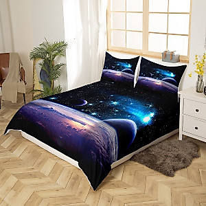 Full 3-Piece Galaxies Comforter Sets - 3D Printed Space Themed Duvet Cover Set Luxury Kids Boys Bedding All-Season Down Galaxy Series Bedding Set for Adult Teen Universe Pattern Bedspread Cover
