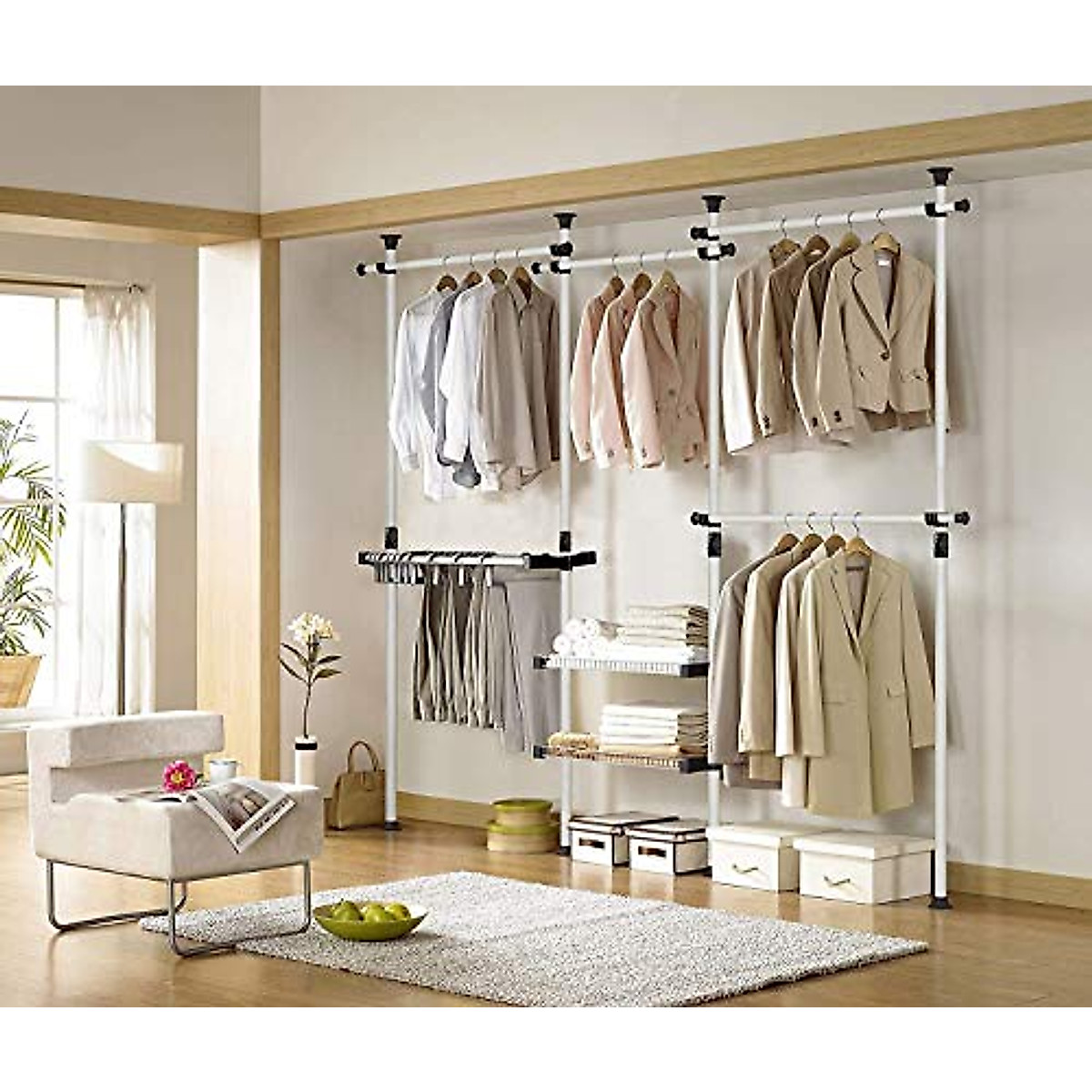 Estink Garment Rack, Portable Indoor Garment Hanger Tools Heavy-Duty Adjustable DIY Coat Hanger Clothes Wardrobe 3 Poles 4 Bars Home Hanging Rack