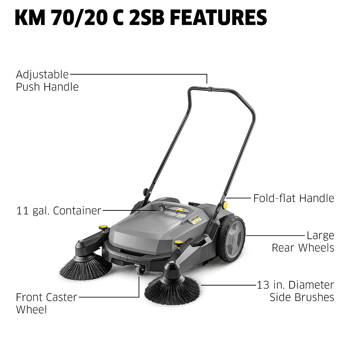 Kärcher Commercial Outdoor Hand Push Sweeper, Two Bristle Brushes, Sweeps up to 30,000 ft²/h - KM 70/20 C 2SB - 12 Gallon Capacity