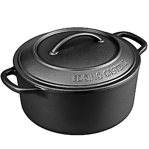EDGING CASTING Pre-Seasoned Cast Iron Dutch Oven Pot with Lid Dual Handle, Round 5 Quart, Black