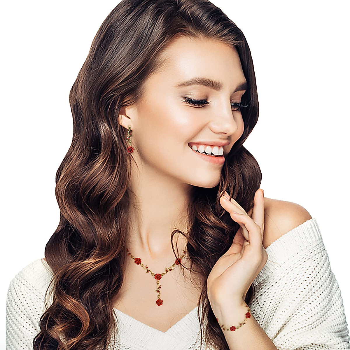 3 PCS 18 Gold Necklace Long Necklace For Women Girls Gold Rose Pendent Bracelet Flower Jewelry Dangle Earrings Set For Valentine's Day Mother's Day Gifts Wedding Gifts
