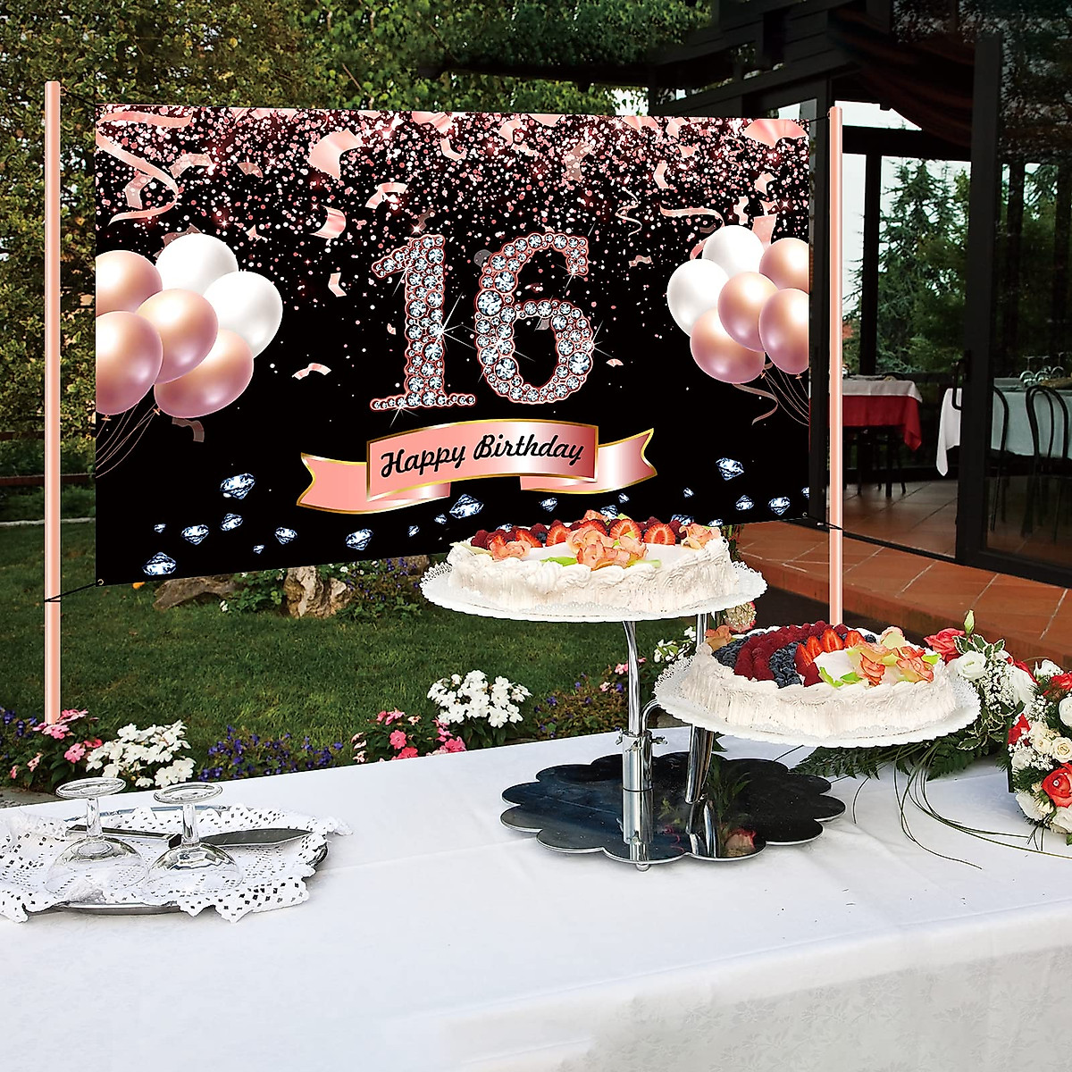 Trgowaul Sweet 16th Birthday Decorations for Girls - Rose Gold Sweet 16th Birthday Backdrop for her 16th Birthday Party Suppiles Sweet Sixteen Decorations for Girls Happy 16th Birthday Banner