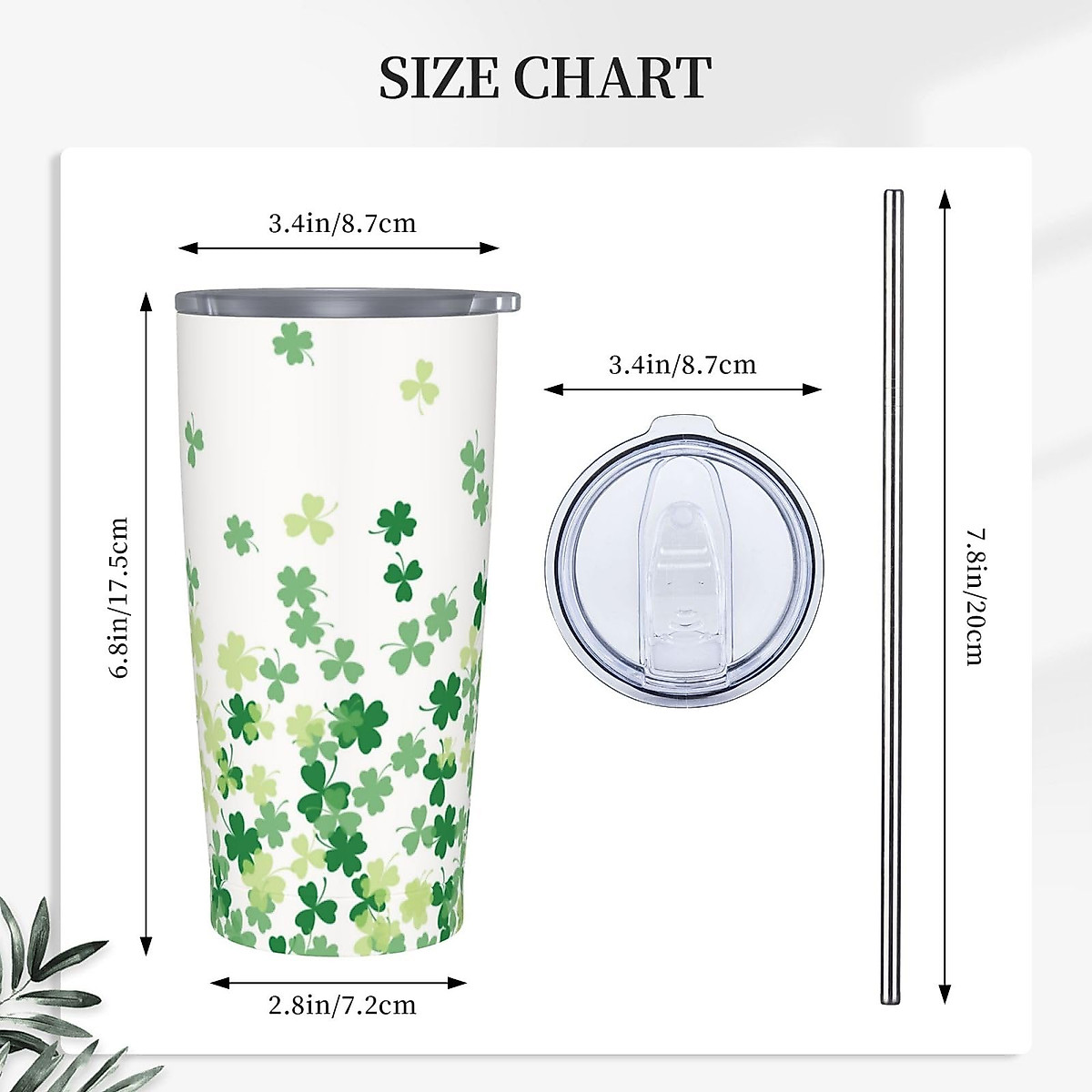 CHASOEA St Patrick's Day Tumbler 20oz Watercolor Shamrock Stainless Steel Insulated Tumblers with Lid and Straw Irish Clover Travel Coffee Mug Tea Wine Cups Water Bottle Holiday Gifts for Women