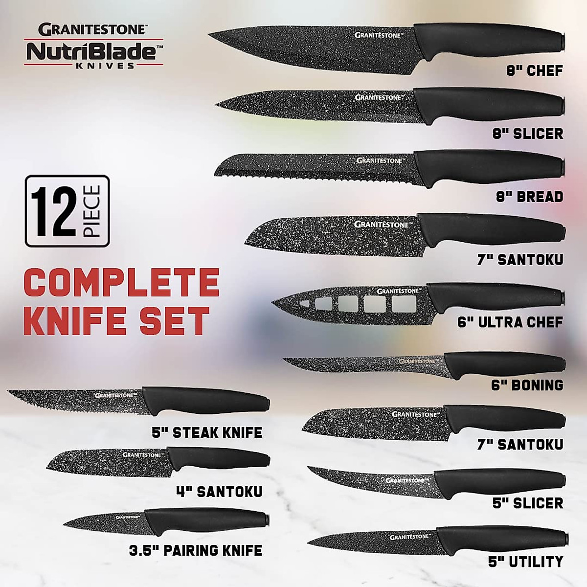 Nutriblade 12 Piece Knife Set with Block by Granitestone High-Grade Professional Chef Knife, Santoku Knives, Kitchen Knife with Easy-Grip Handles Stainless Steel Blades Dishwasher-Safe As Seen On TV