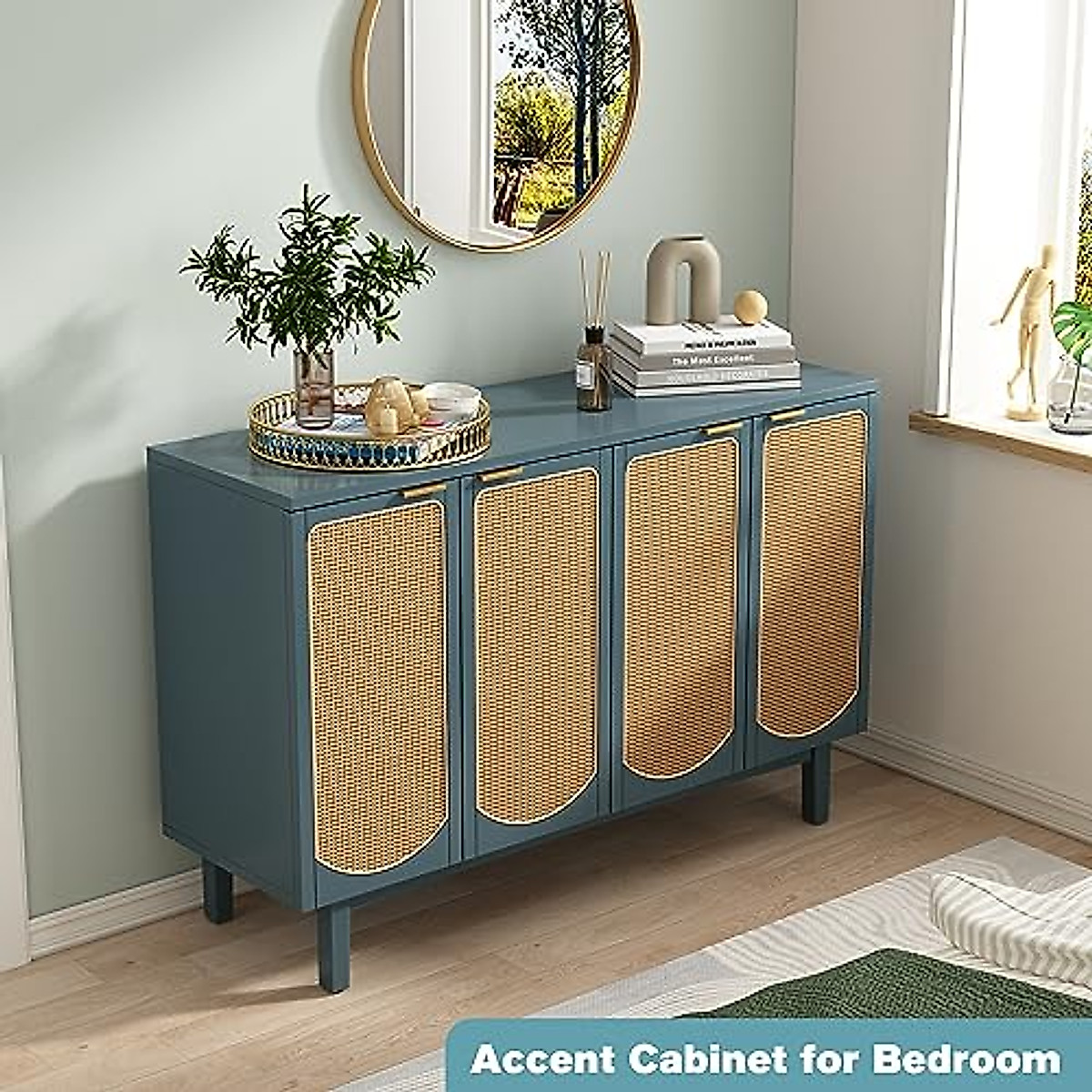ARTPOWER Sideboard Buffet Cabinet with 4 Rattan Doors, Accent Storage Cabinet with Shelves, Free Standing TV Console Table, Modern Teal Credenza for Kitchen, Dining Room, Living Room, Hallway