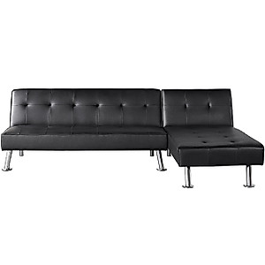 Yaheetech Convertible Sectional Sofa Couch L-Shaped Couch Faux Leather Sofa Bed Sleeper for Living Room Small Space Black