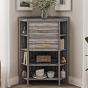 BELLEZE Corner Cabinet with USB Ports and Outlets, Corner Table with 2 Storage Drawers and 10 Shelves, Store and Organize Home Furniture for Bedroom, Living Room Small Space - Sonoma (Gray)