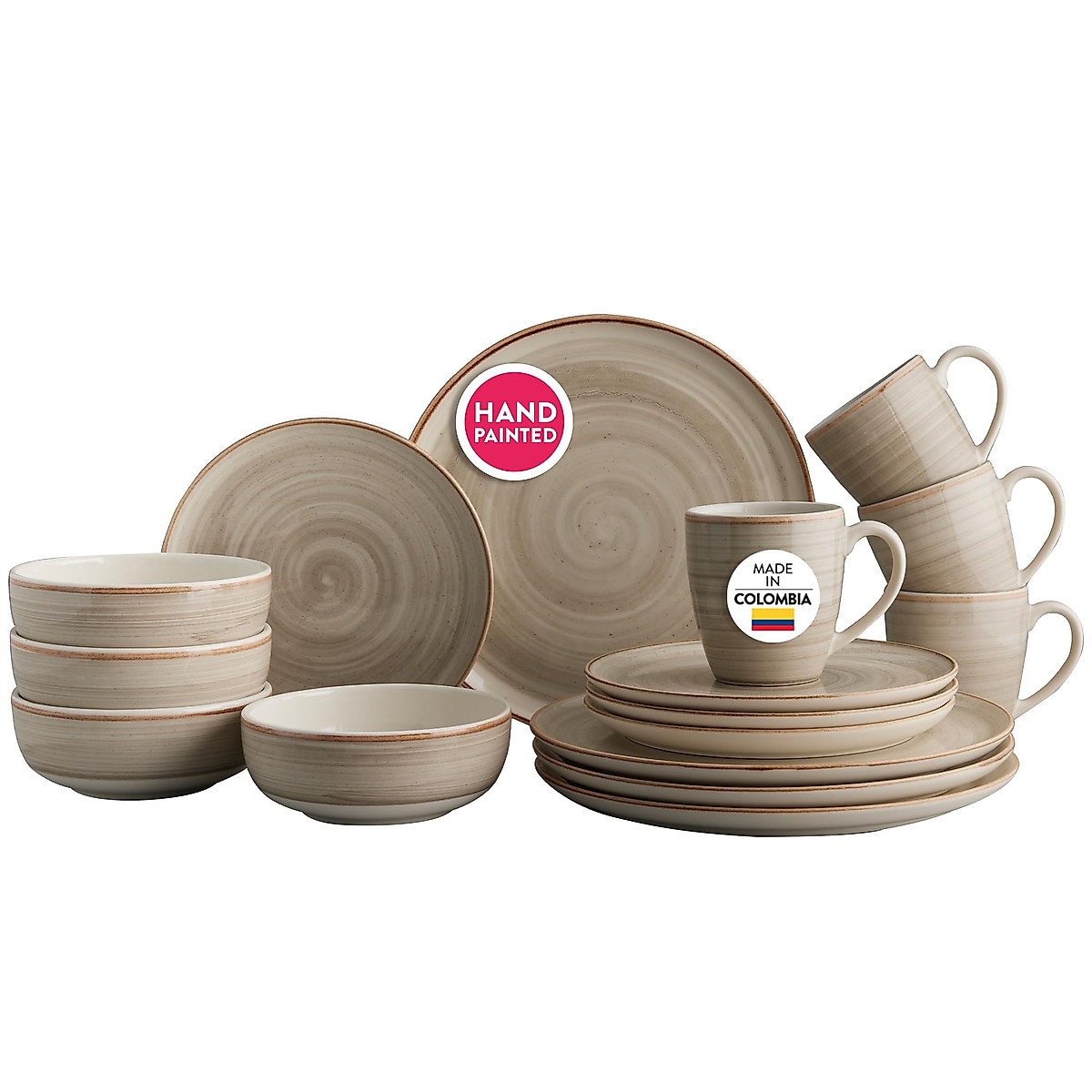 Corona Dinnerware Set 16– piece, Plates Bowls and Mugs Set, Ceramic Sets for 4, Microwave and Dishwasher Safe, Gray Caoba Hand-Painted Design