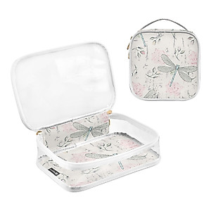 Roses Buds Dragonflies 2 Pieces Clear Makeup Cosmetic Toiletry Bags for Women Men PVC Waterproof Portable Travel Storage Carry Pouch with Gold Zippers Organizer Case for Traveling Bathroom Organizing
