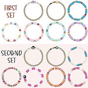 28 Pcs 4 Set Heishi Surfer Bracelets Set Colorful Preppy Smile Evil Eye Beaded Stretch Bracelet Clay Stackable Boho Disc Party Gift Y2k Aesthetic Summer Beach Jewelry for Xmas Halloween (Cute Style)