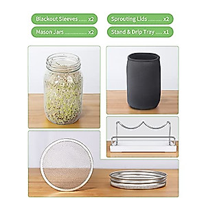 RAYPLE Sprouting Jar Kit, 2 Wide Mouth Mason Jars, Premium Stainless Steel Screen Sprout Lids, Blackout Sleeves, Tray, Stand, Sprouting Kit for Growing Broccoli,Alfalfa,Mung Bean