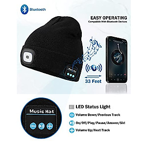 Unisex Bluetooth Beanie Hat with Light, Upgraded Musical Knitted Cap with Headphone and Built-in Stereo Speakers & Mic, LED Hat for Running Hiking, for Men Women Dad (Black)