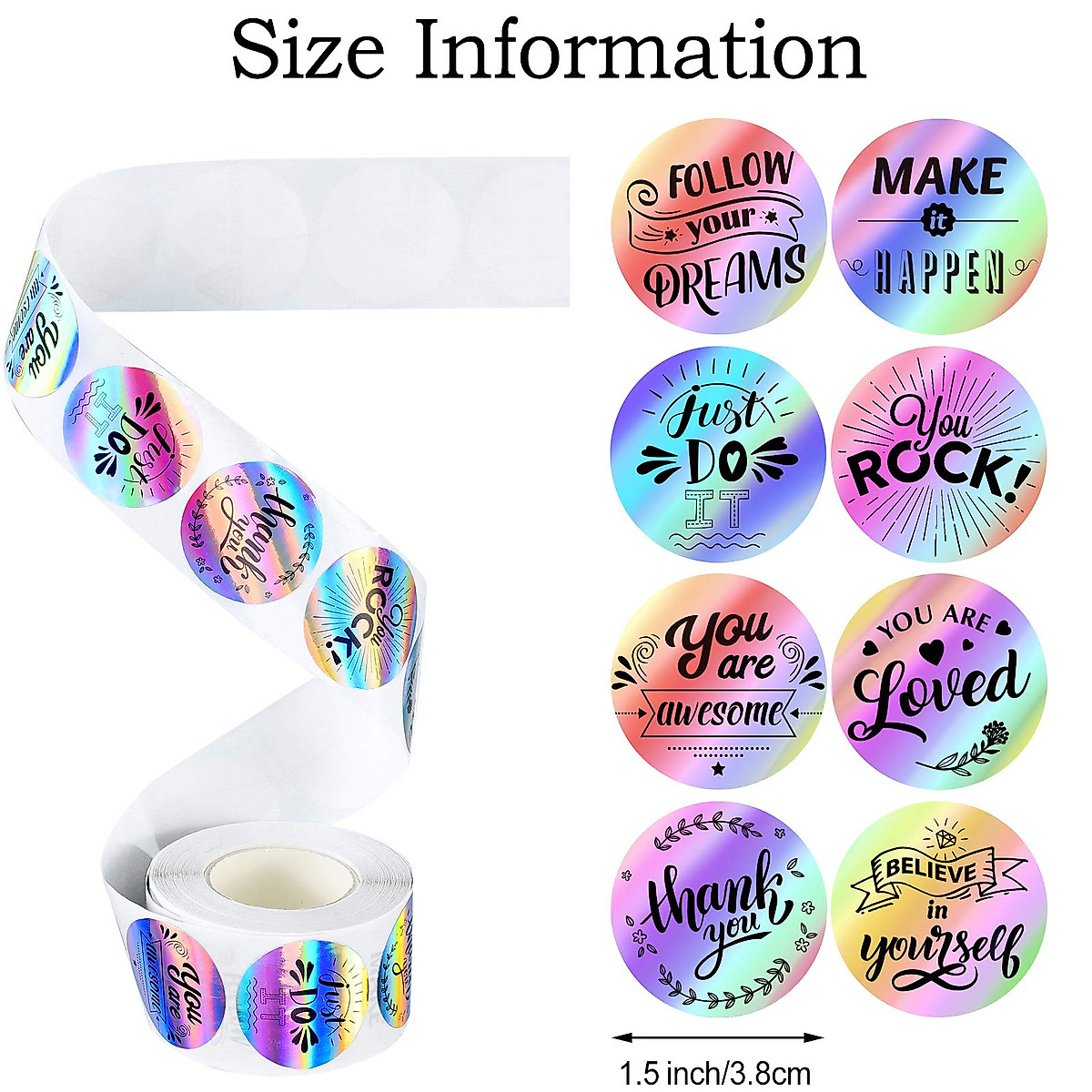 Zonon 500 Pcs Motivational Positive Affirmation Stickers Good Luck Inspirational Quote Stickers Roll Laser Encouraging Inspiring Labels Holographic Decal for Kids Adults Book Envelopes, 1.5 Inch