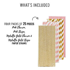Just Artifacts Premium Disposable Drinking Paper Straws (100pcs, Pink & Gold 3)